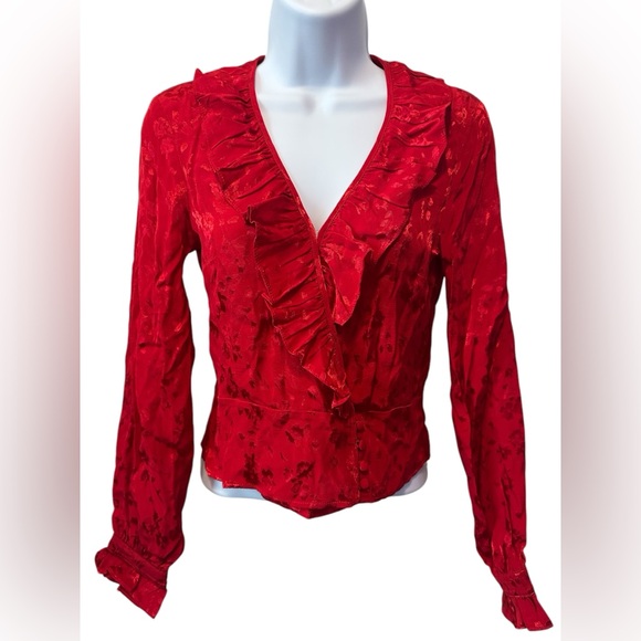 H&M | Tops | Hm Blouse Womens 2 Small Red Jacquard Weave Flounce Ruffle ...